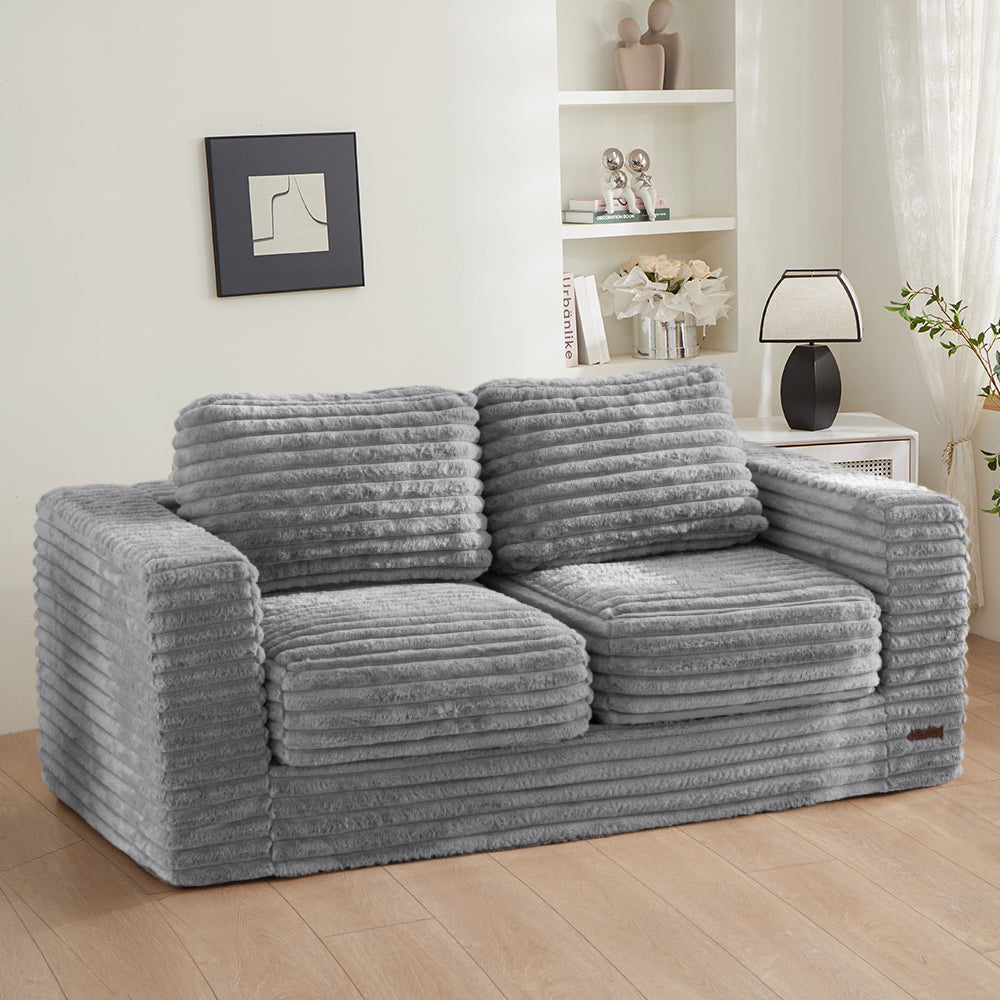 MAXYOYO Bean Bag Chair Striped Faux Fur Upholstered Two Seat Floor Sofa with Pillows and Armrests Grey