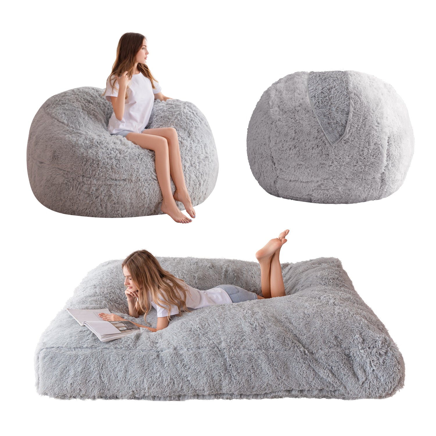 MAXYOYO Long Faux Fur Bean Bag Turn into Bed, Grey – Maxyoyo