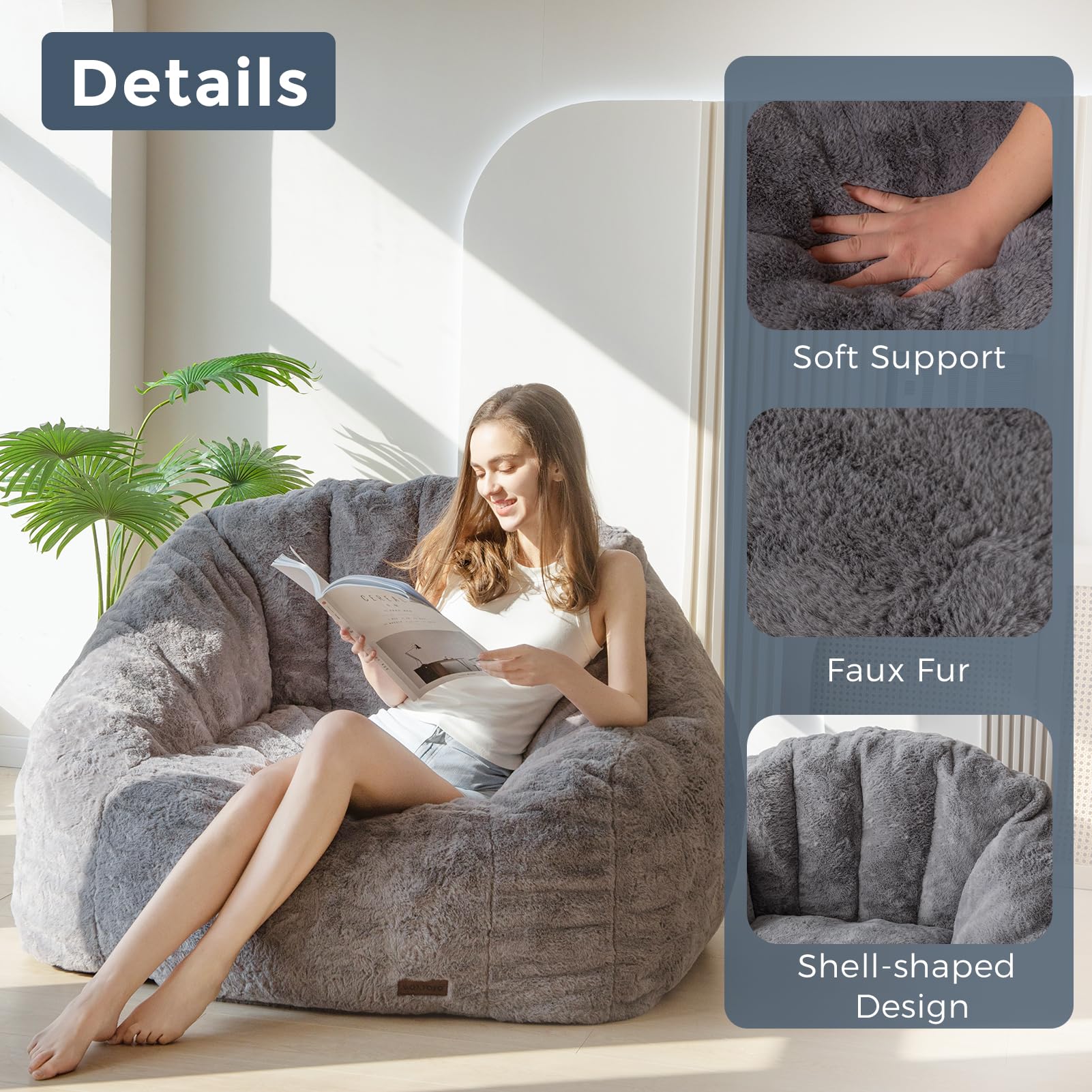 MAXYOYO Giant Bean Bag Chair, Faux Fur Shell-Shaped Oversized Bean Bag ...